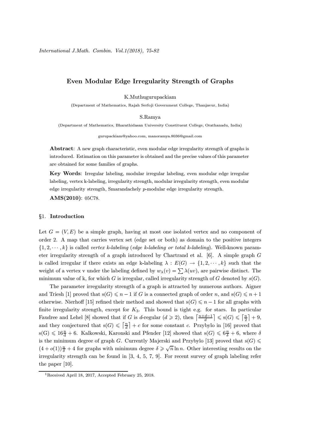 Even Modular Edge Irregularity Strength of Graphs by Ioan Degău - Issuu