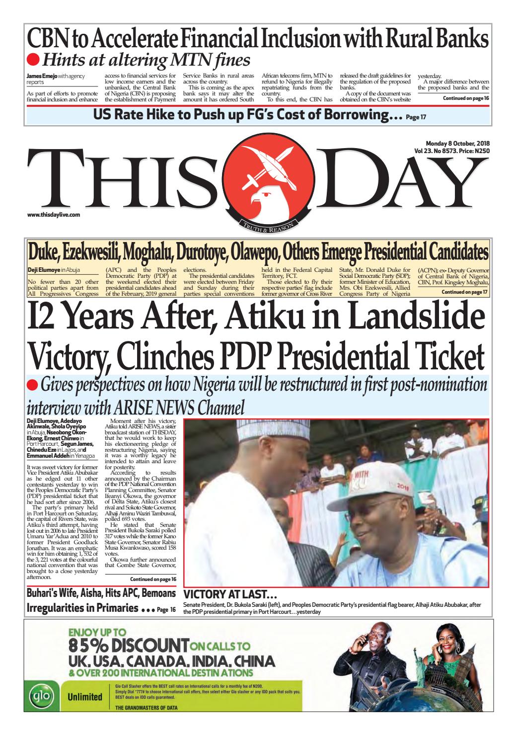 Monday 8th October 2018 by THISDAY Newspapers Ltd - Issuu