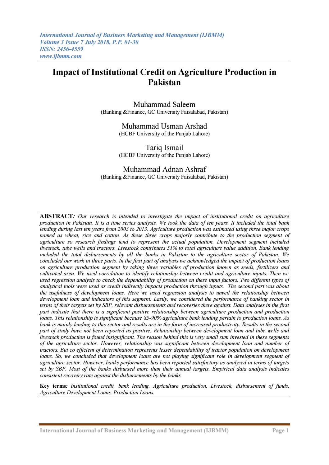 Impact of Institutional Credit on Agriculture Production in Pakistan by ...