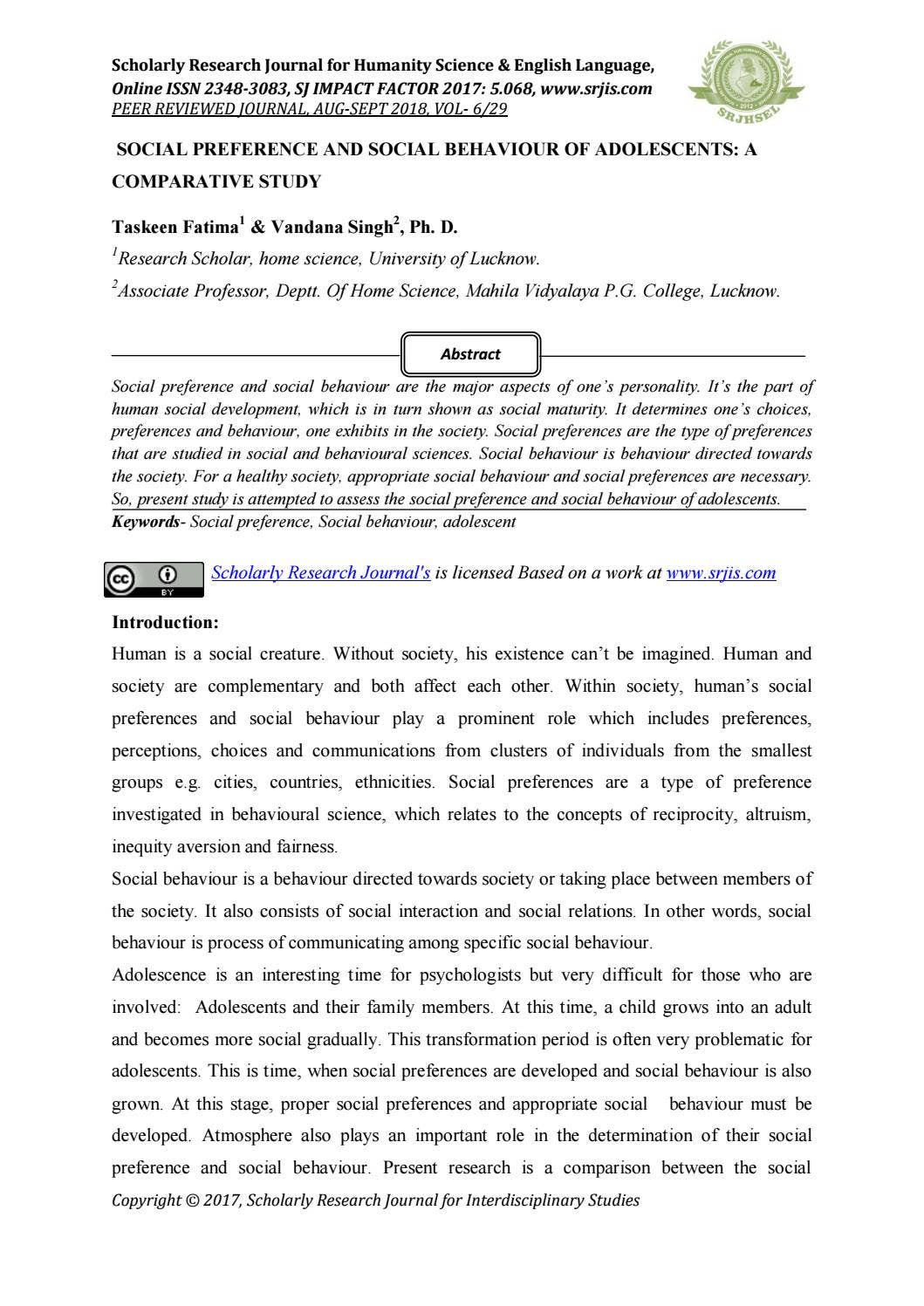 SOCIAL PREFERENCE AND SOCIAL BEHAVIOUR OF ADOLESCENTS: A COMPARATIVE ...