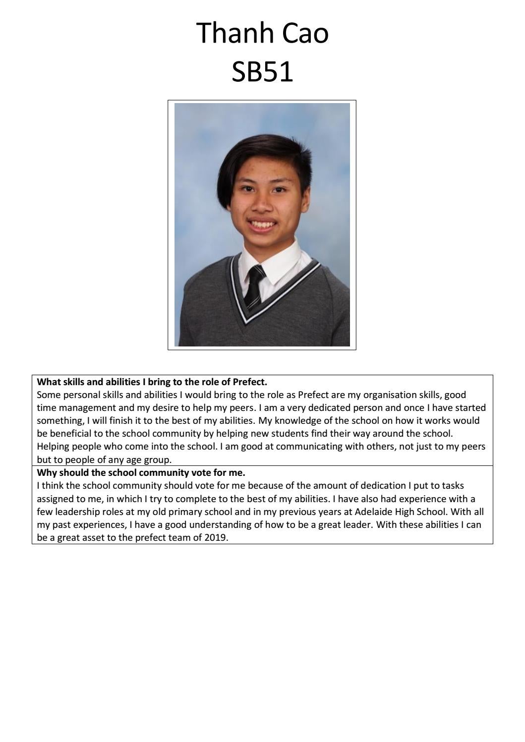 2019 Prefect Applicant Written Statements: Year 10 Boys by Adelaide ...