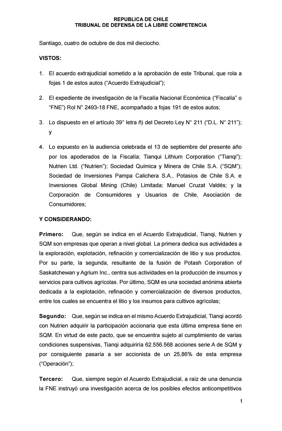 Sentencia aprueba acuerdo extrajudicial, FNE y Tianqi, TDLC, Chile, Rol AE N° 16-2018 by Andrés ...