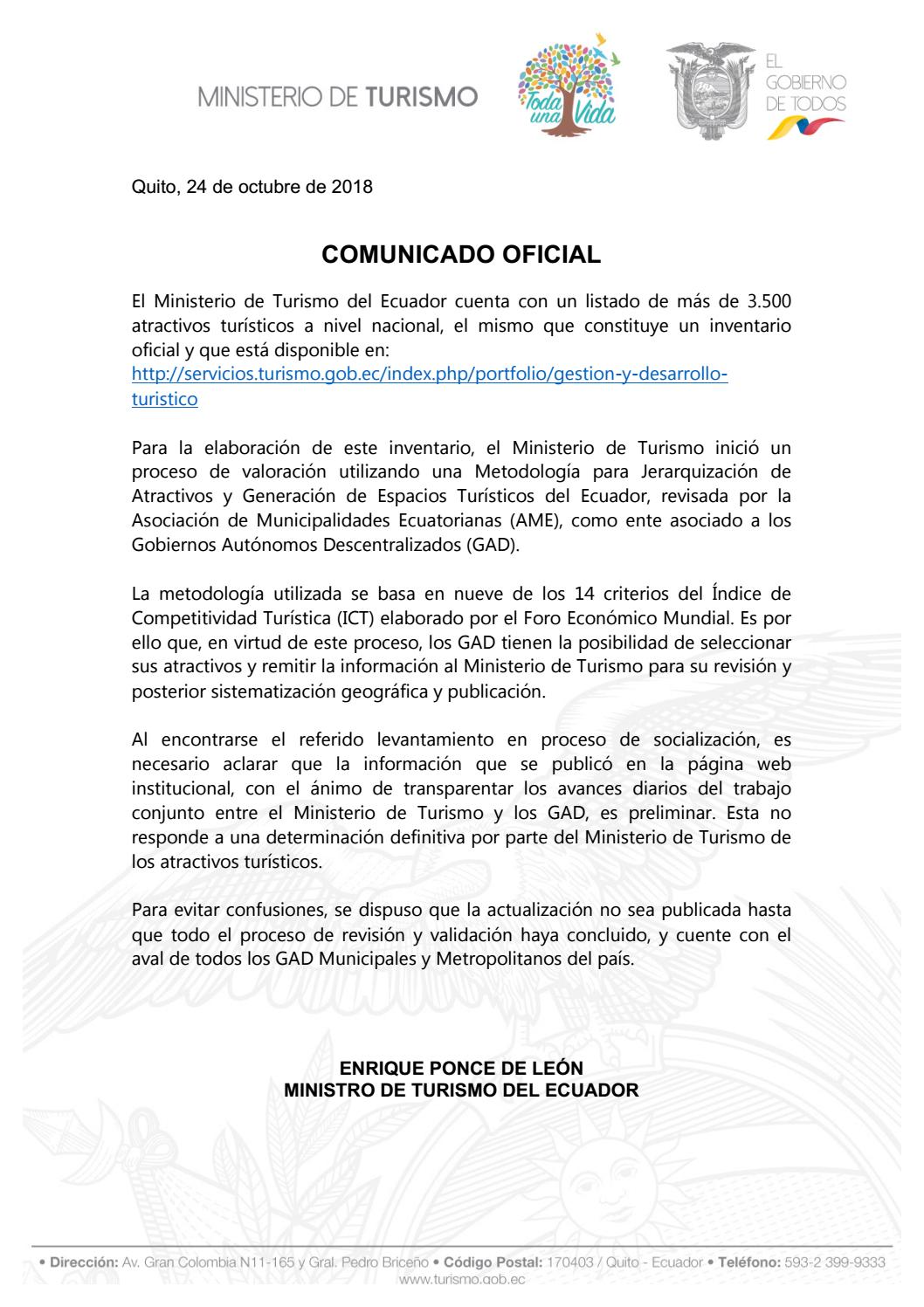 COMUNICADO OFICIAL 24 de Octubre 2018 by TurismoEC - Issuu