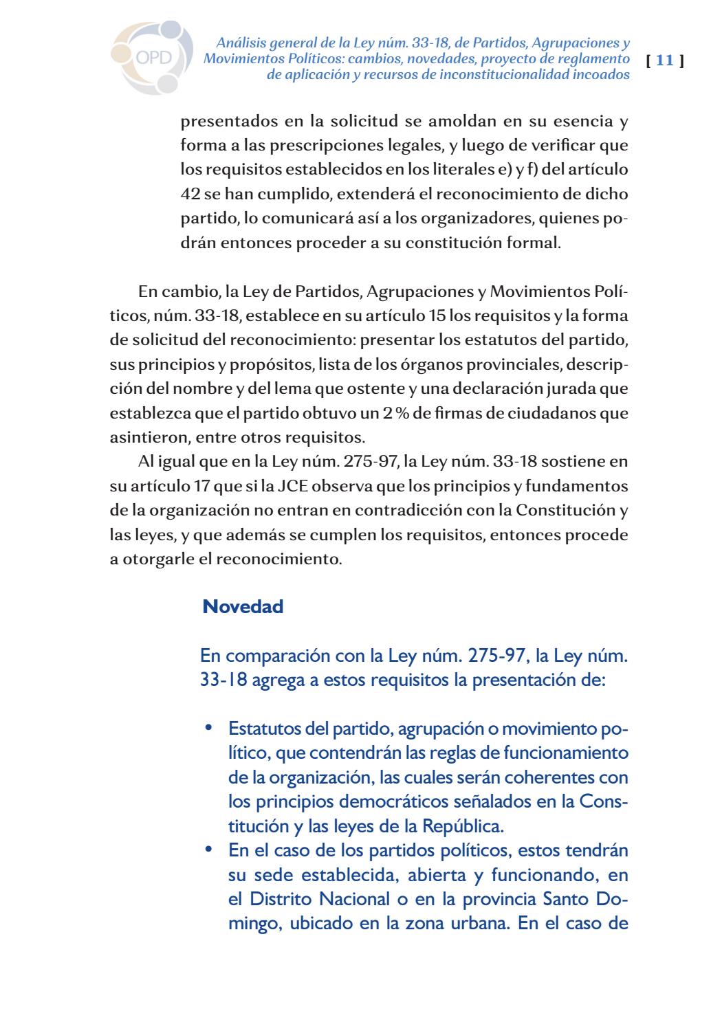 ANÁLISIS GENERAL DE LA LEY NÚM. 33-18, DE PARTIDOS, AGRUPACIONES Y ...