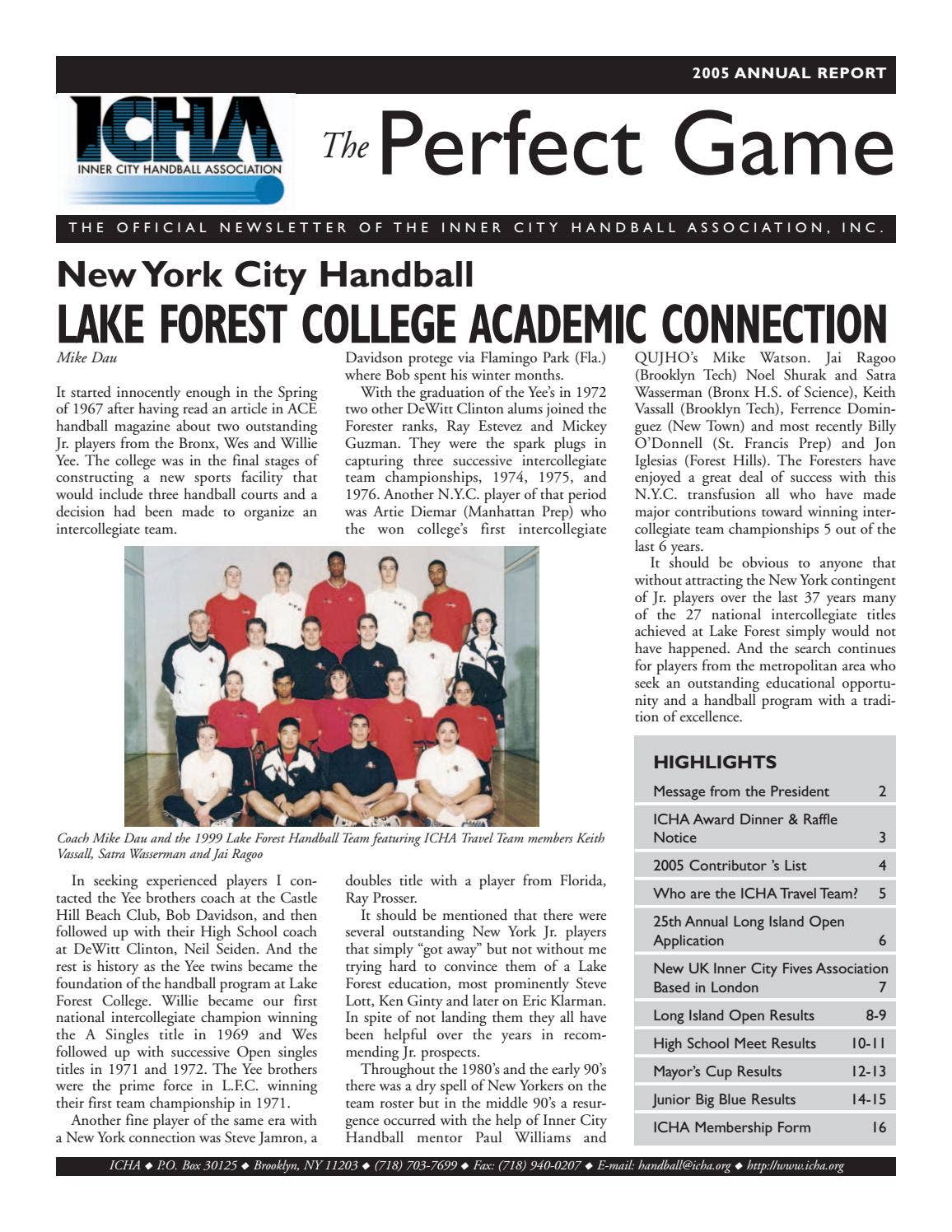 ICHA Perfect Game 2005 Annual Report by Inner City Handball Association ...