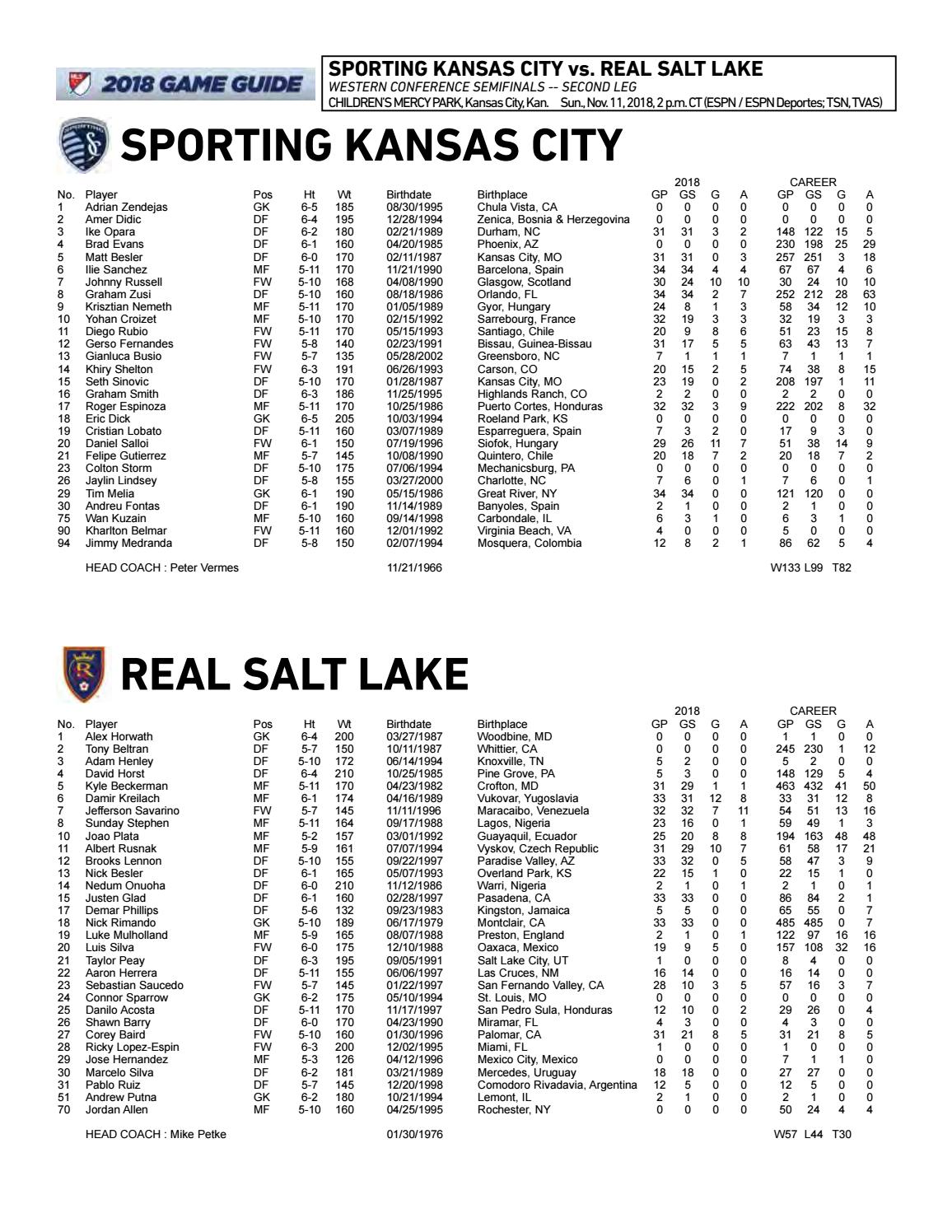Playoff Game Notes: Sporting KC vs. Real Salt Lake | Nov. 11, 2018 by ...