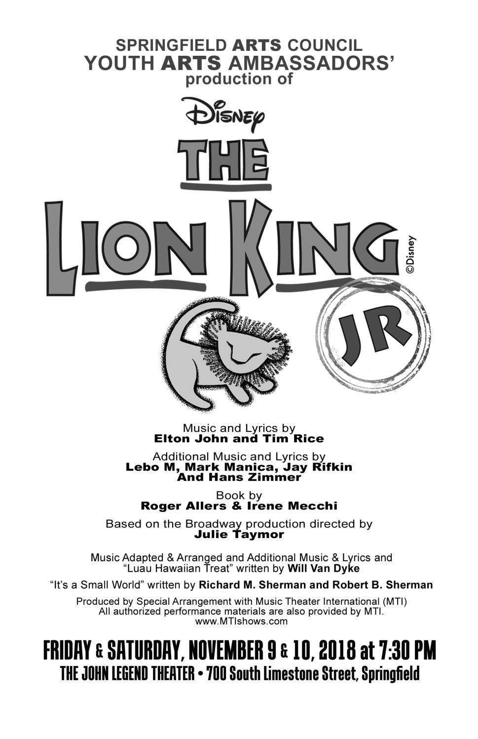 PROGRAM - The Lion King Jr., Youth Arts Ambassadors by Springfield Arts ...