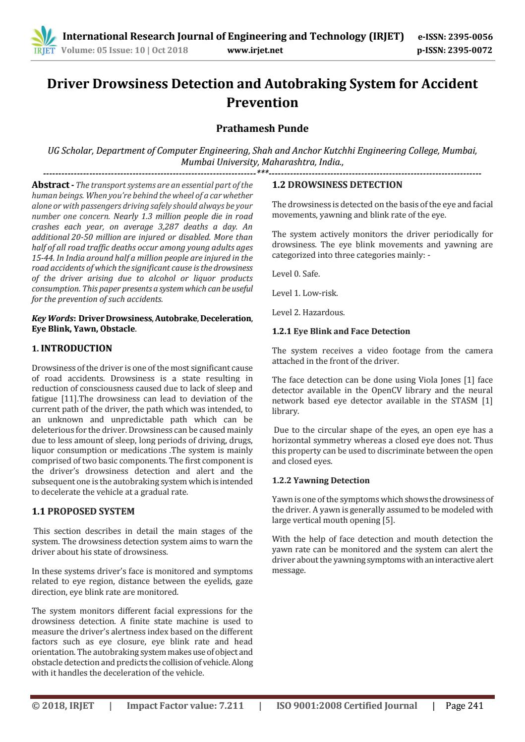 IRJET- Driver Drowsiness Detection and Autobraking System for Accident ...