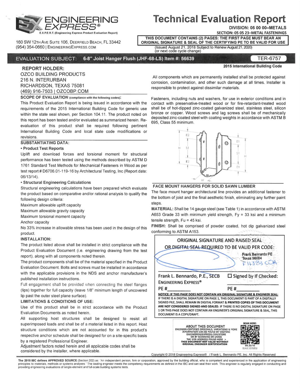 Technical Evaluation Report - OWT 6-8" Joist Hangers by OZCO Building ...