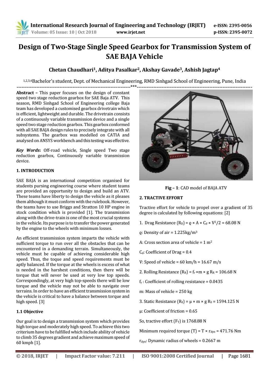 IRJET- Design of Two-Stage Single Speed Gearbox for Transmission System ...