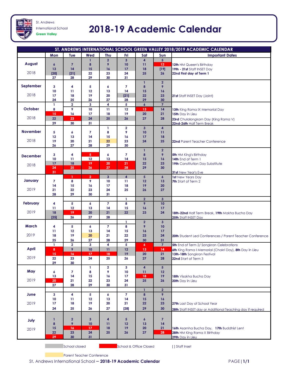 Academic Calendar 2018-19 by St Andrews International School, Green ...