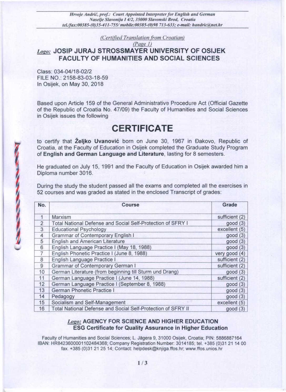 Certificate Of Completion Of Program English And German With Transcript