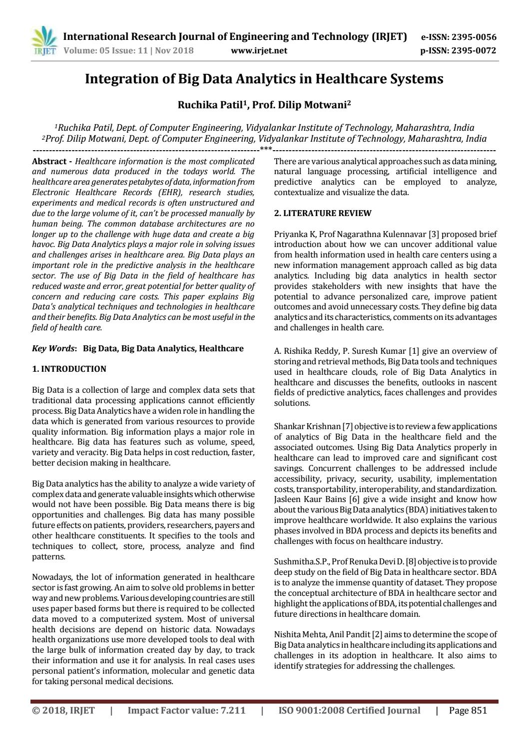 IRJET- Integration of Big Data Analytics in Healthcare Systems by IRJET Journal - Issuu
