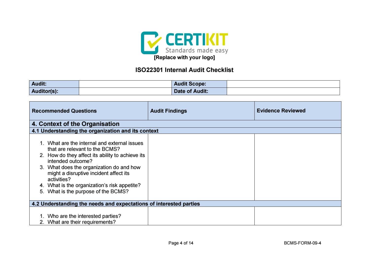 BCMS-FORM-09-4 Internal Audit Checklist by CertiKit Limited - Issuu