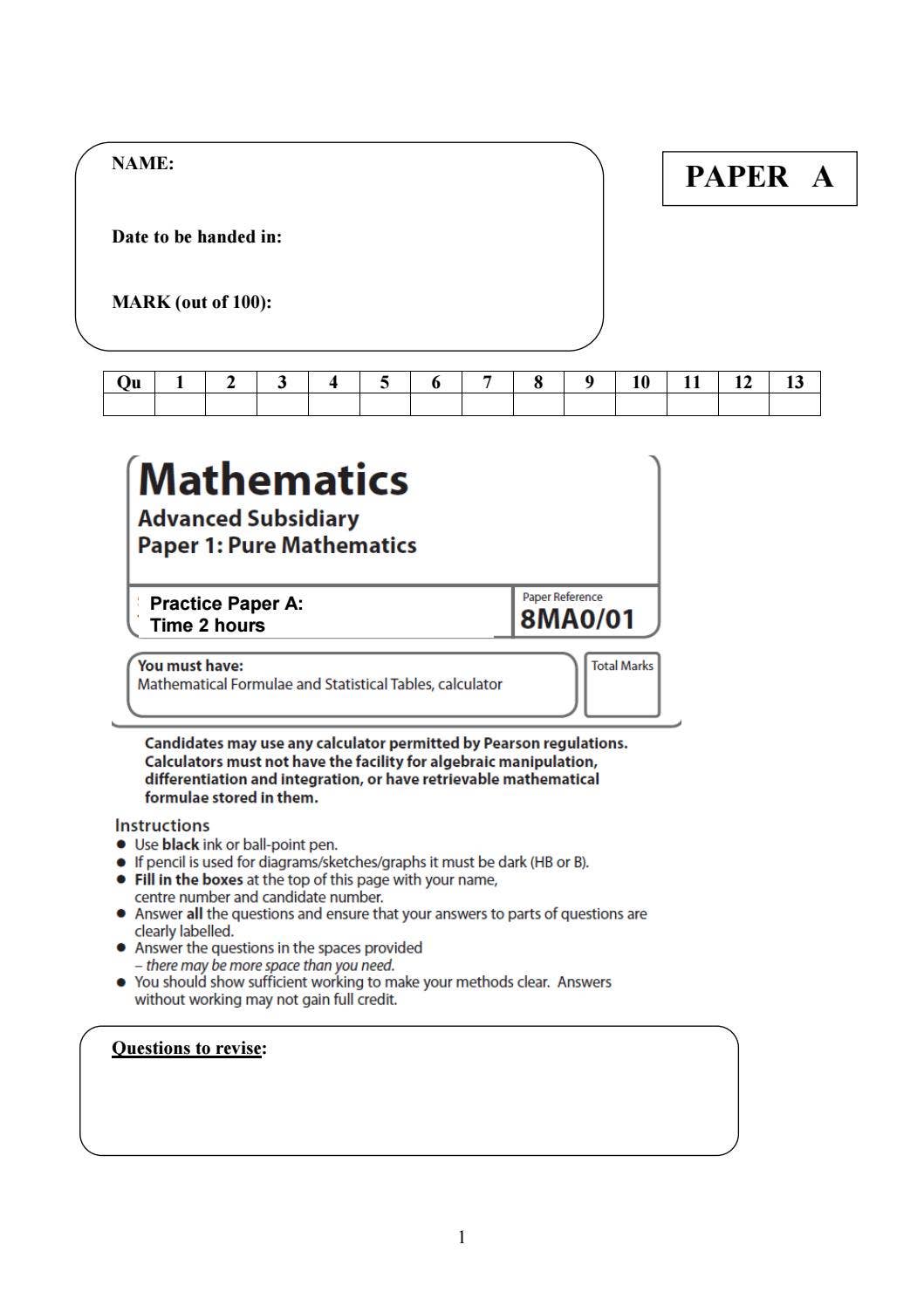 01 AS Pure Mathematics Practice Paper A by Ullswater Community College ...