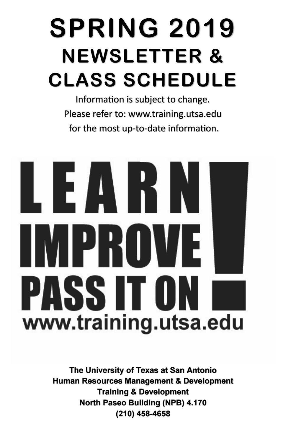 UTSA Training and Development Spring 2019 Newsletter and Class Schedule ...