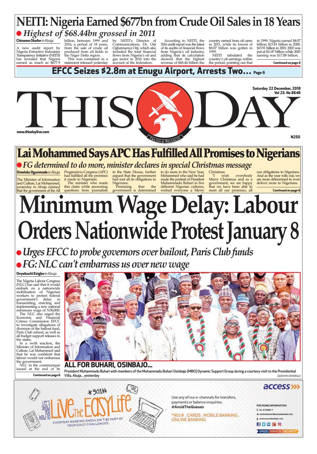 SATURDAY 22ND DECEMBER 2018 by THISDAY Newspapers Ltd - Issuu