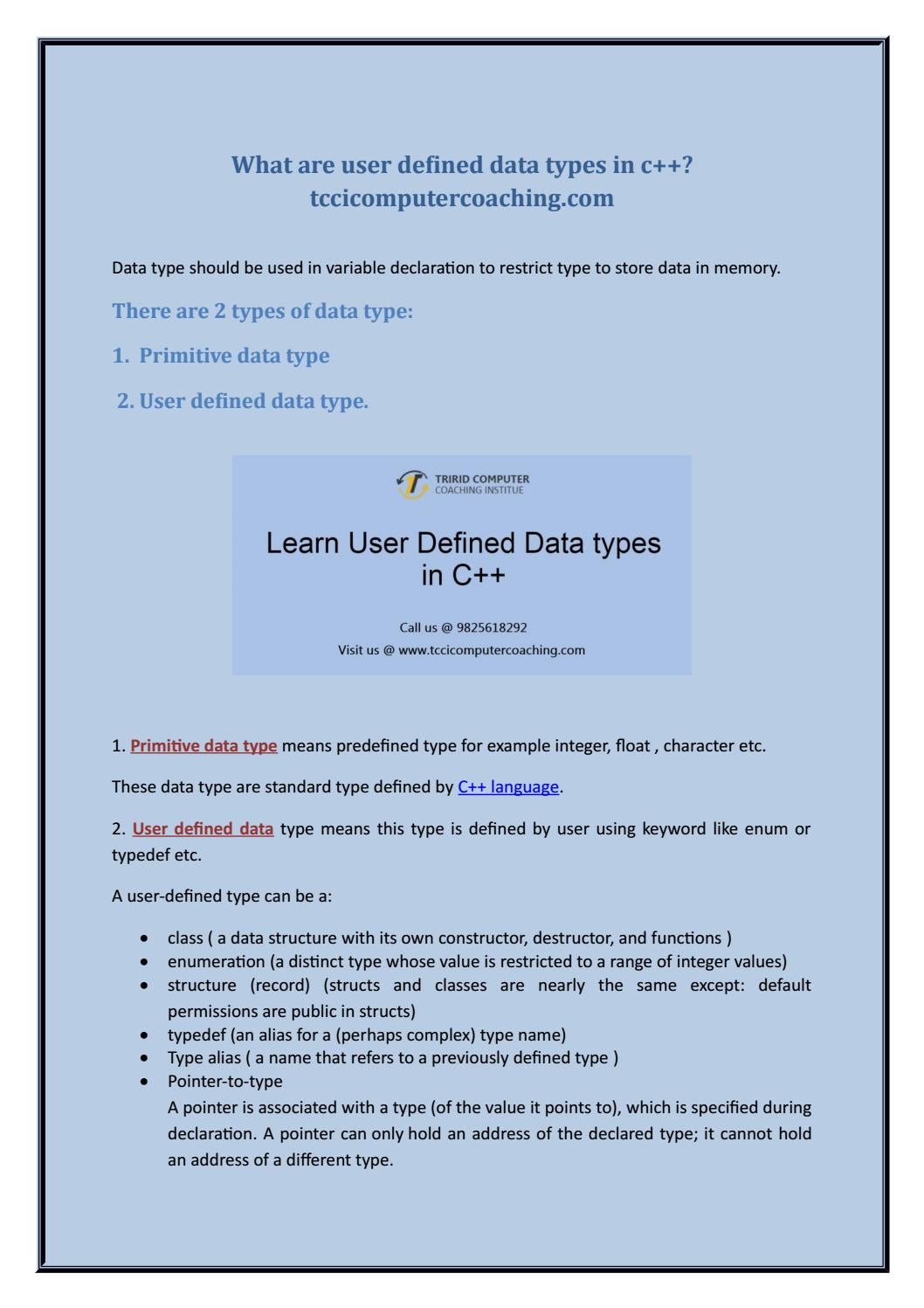 What Are User Defined Data Types In C Tccicomputercoaching By 