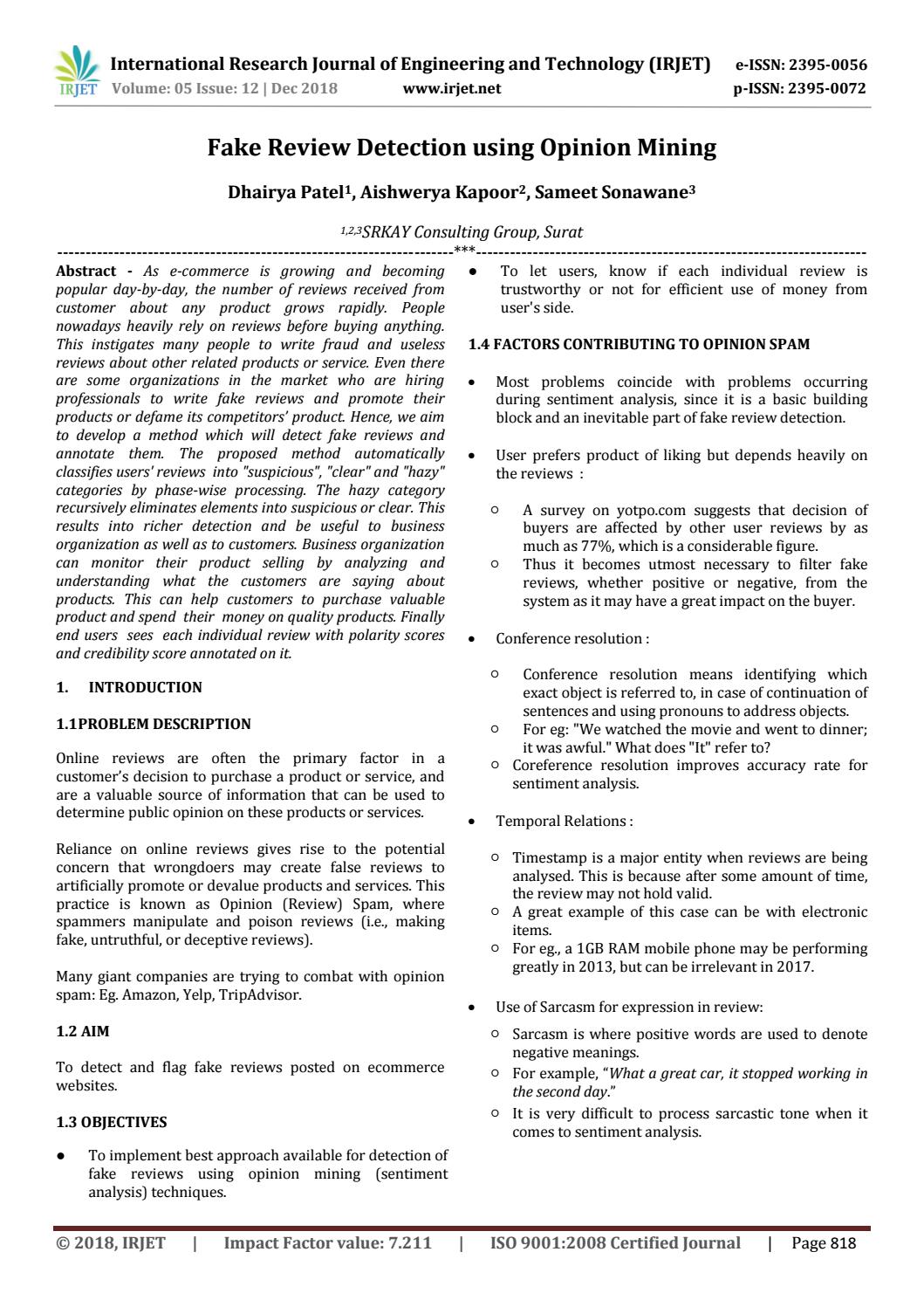 IRJET- Fake Review Detection using Opinion Mining by IRJET Journal - Issuu
