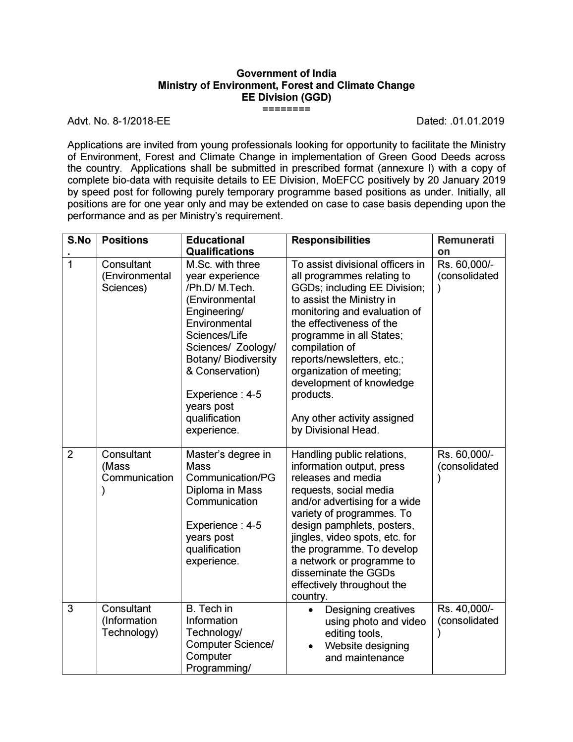 Govt MoEFCC Life Sciences Consultant Post With Rs. 60,000/- Salary pm ...