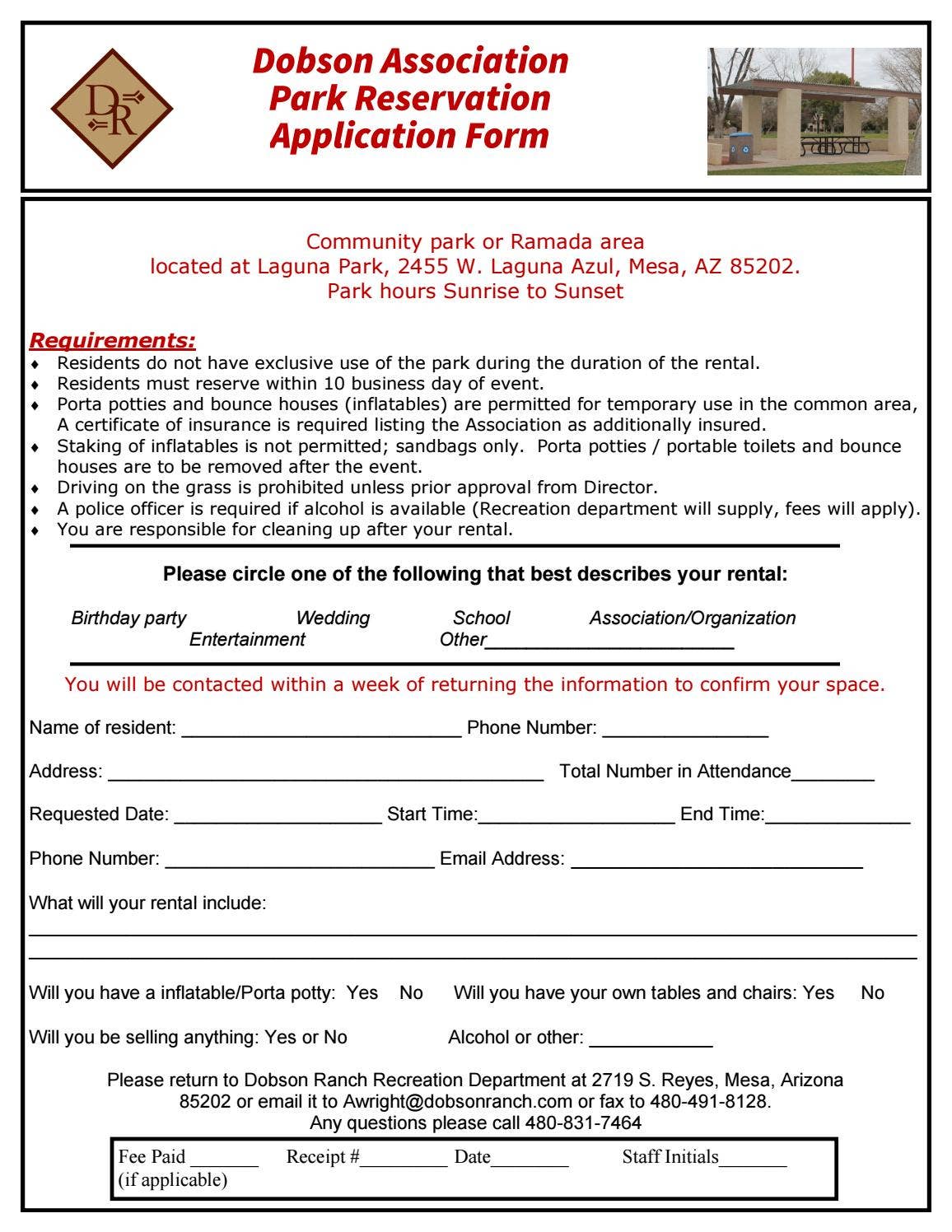 Fillable Park Reservation Application Form by The Dobson Association ...
