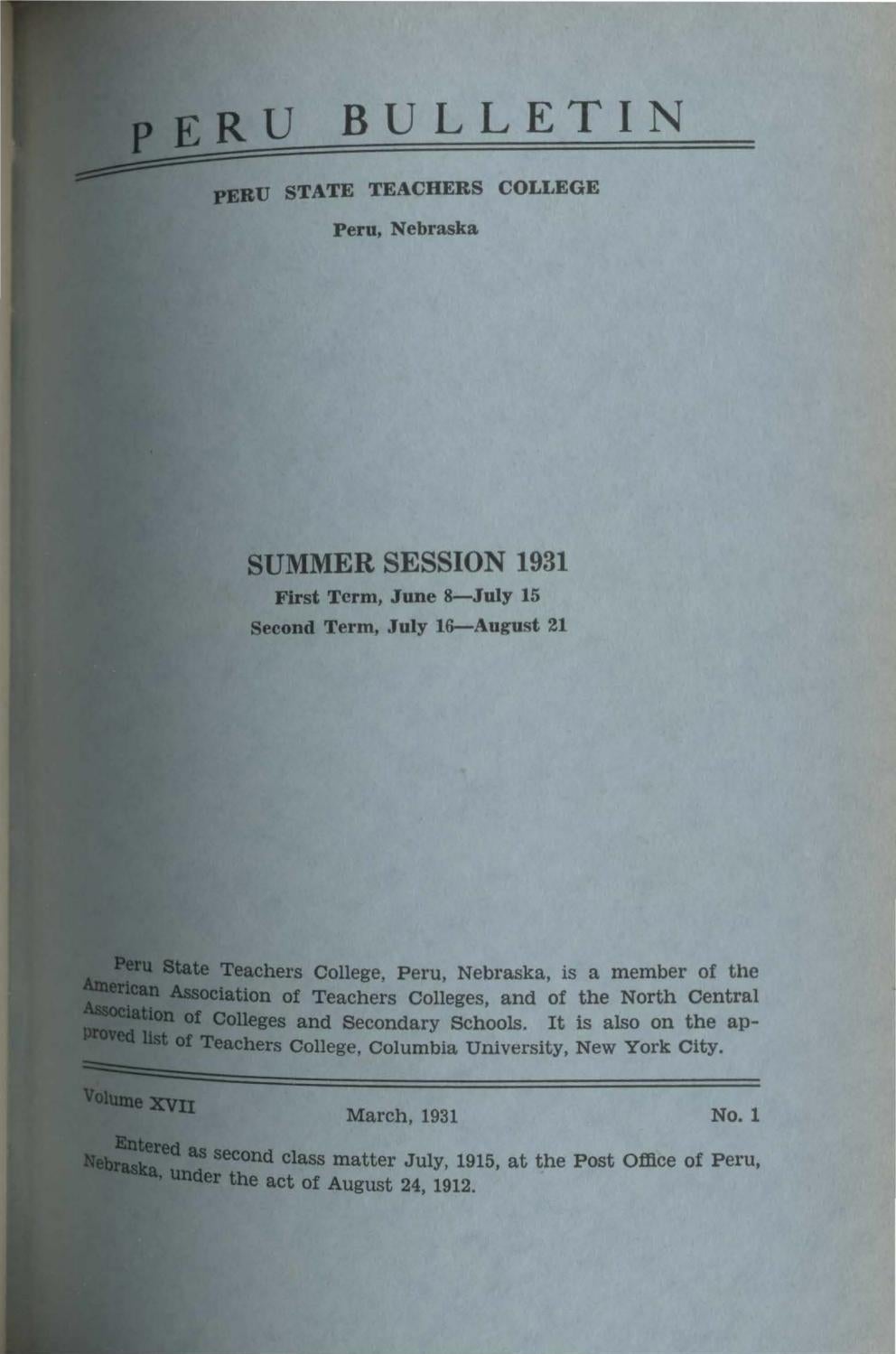 1931 Summer catalog of the Peru State Teachers College (Nebraska) by ...
