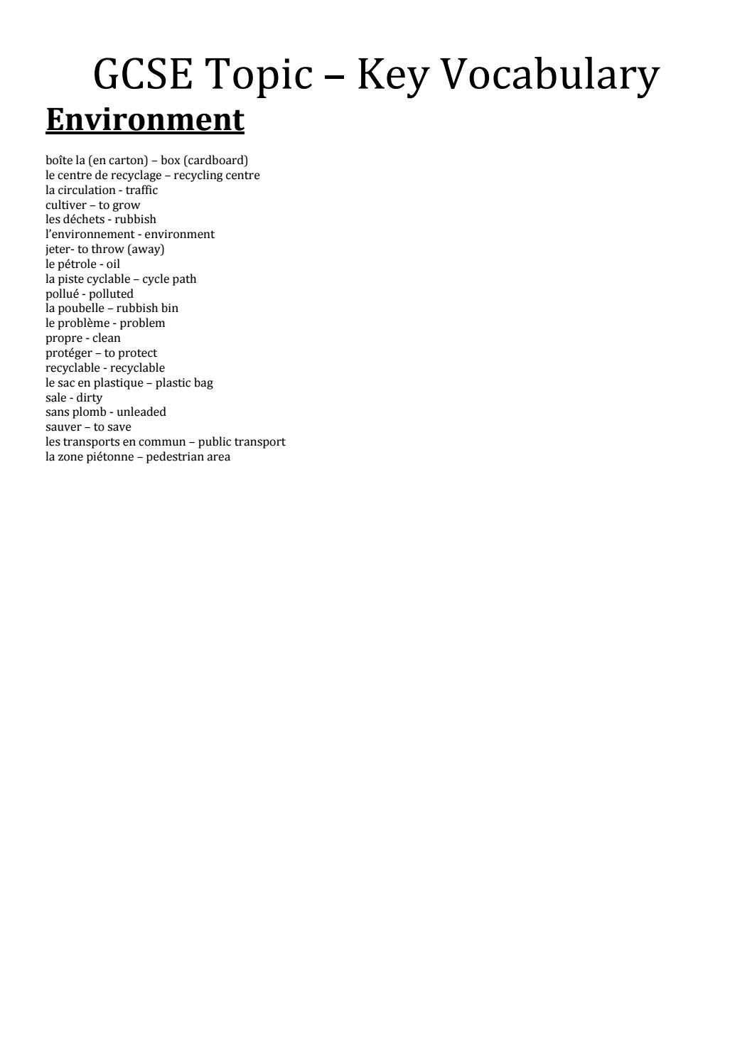 GCSE French - Environment Vocabulary by Ullswater Community College - Issuu