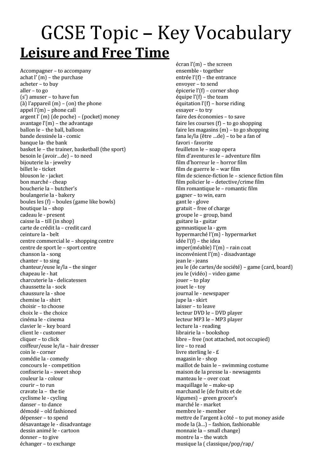 GCSE French - Leisure Vocabulary by Ullswater Community College - Issuu