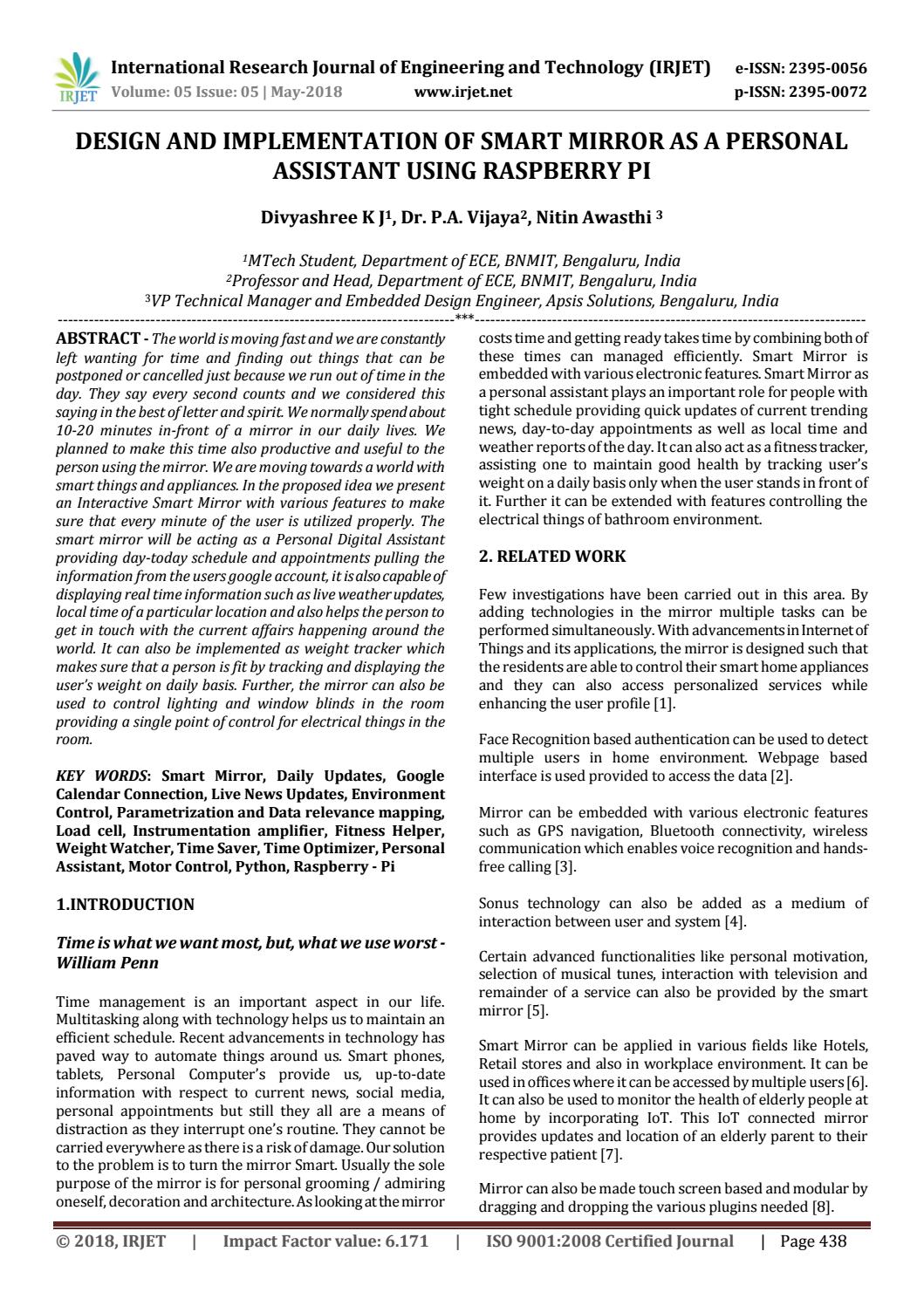 IRJET- Design and Implementation of Smart Mirror as a Personal Assistant using Raspberry PI by ...