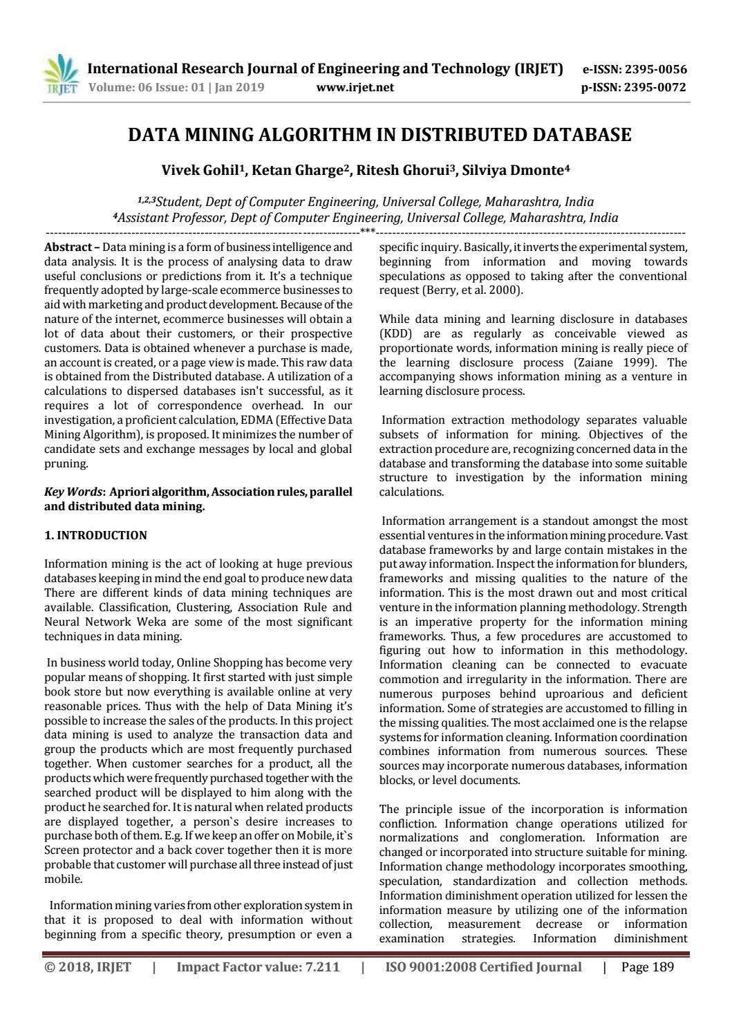 Irjet Data Mining Algorithm In Distributed Database By Irjet Journal
