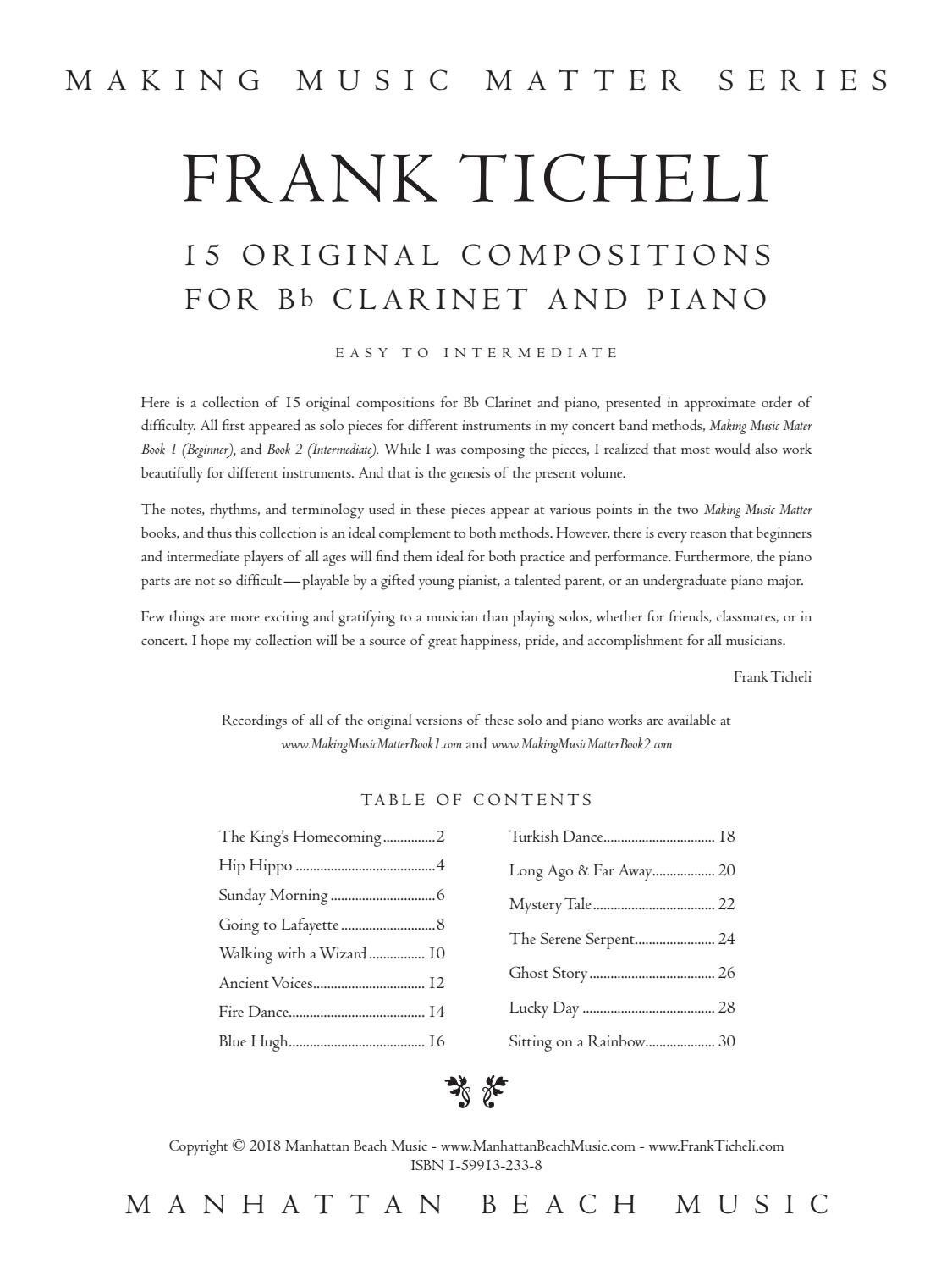 15 Original Compositions for Bb Clarinet and Piano by Frank Ticheli ...