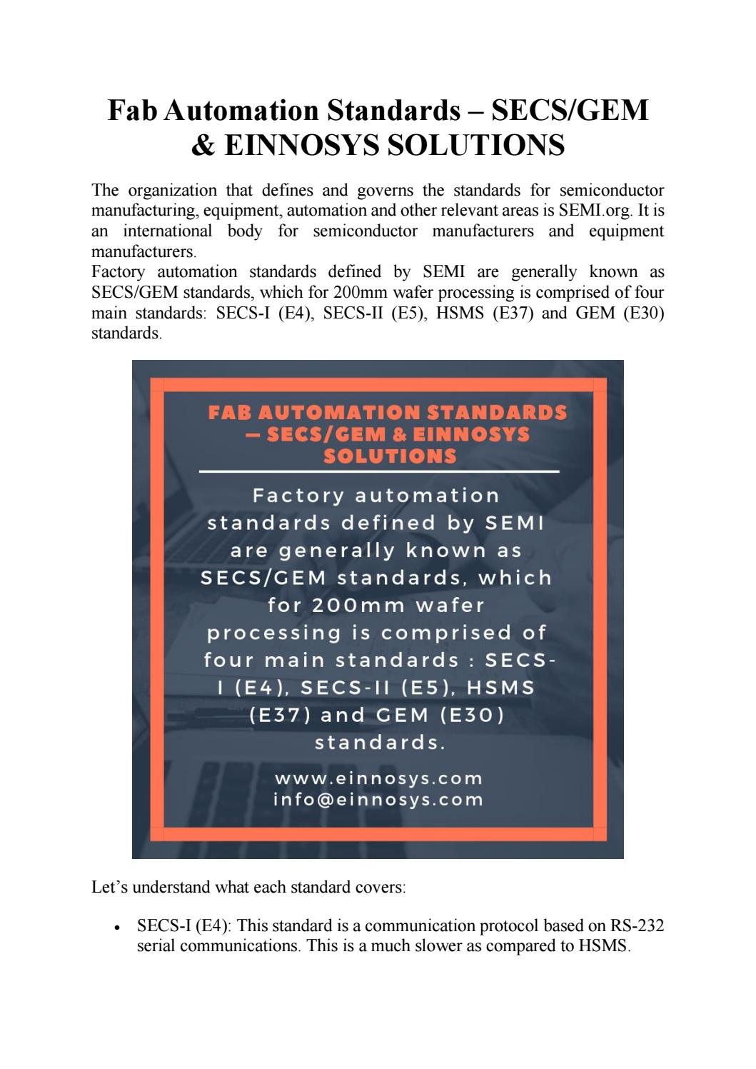 Fab Automation Standards – SECS/GEM & EINNOSYS SOLUTIONS by einvensys ...