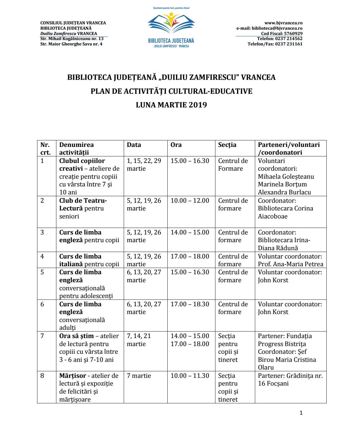 PLAN DE ACTIVITĂȚI CULTURAL-EDUCATIVE by Biblioteca Judeteana "Duiliu Zamfirescu" Vrancea - Issuu