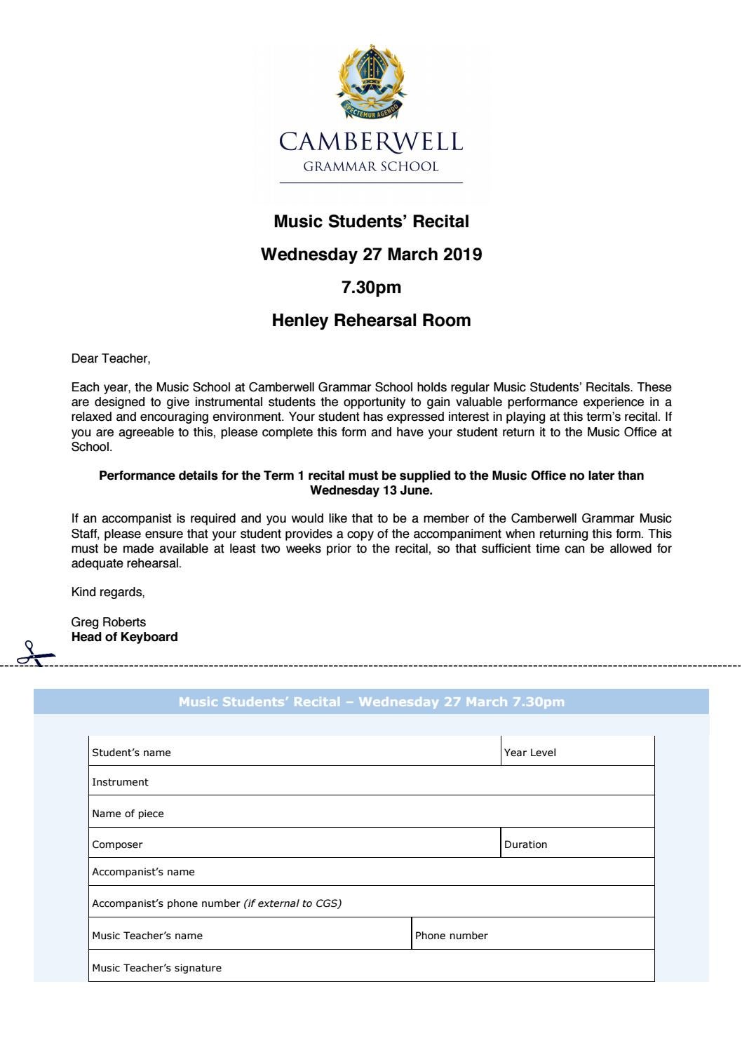 Music students' recital form by Camberwell Grammar School - Issuu