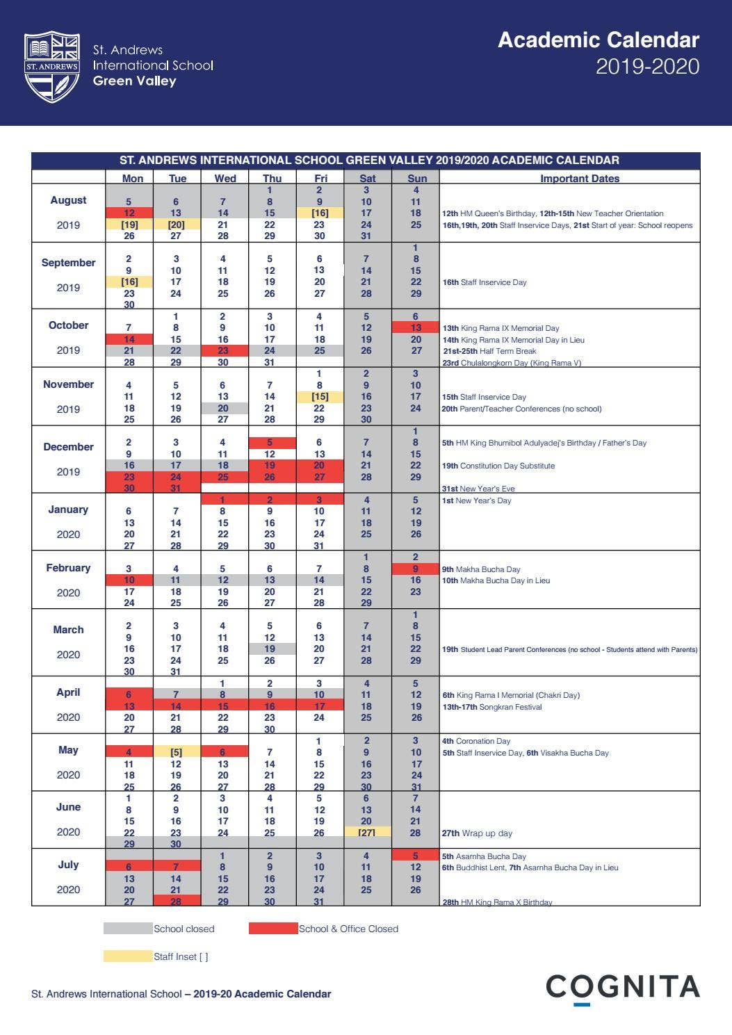 St Andrews Calendar 2019-2020 by St Andrews International School, Green ...