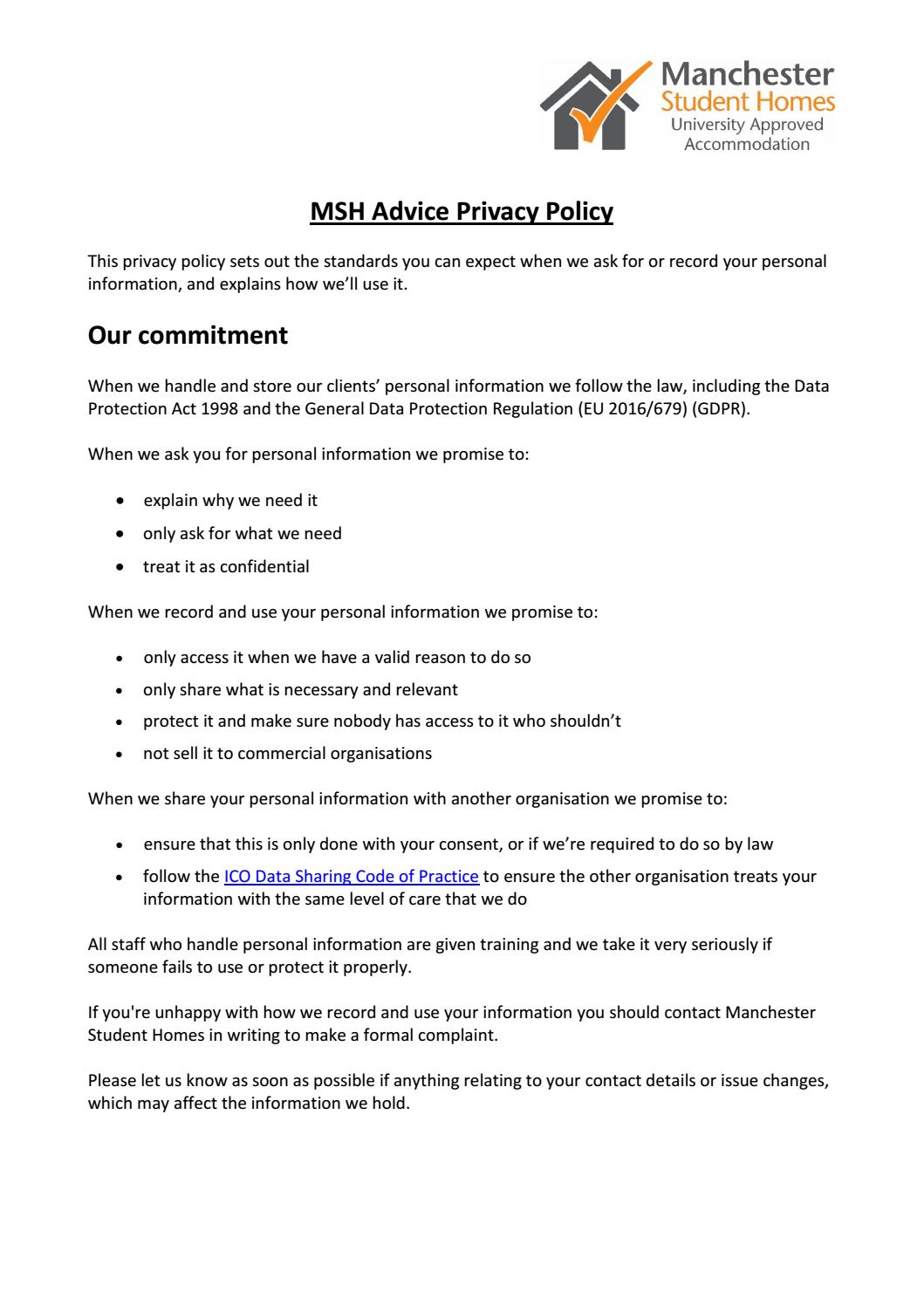 MSH Advice Privacy Notice Policy by Manchester Student Homes - Issuu