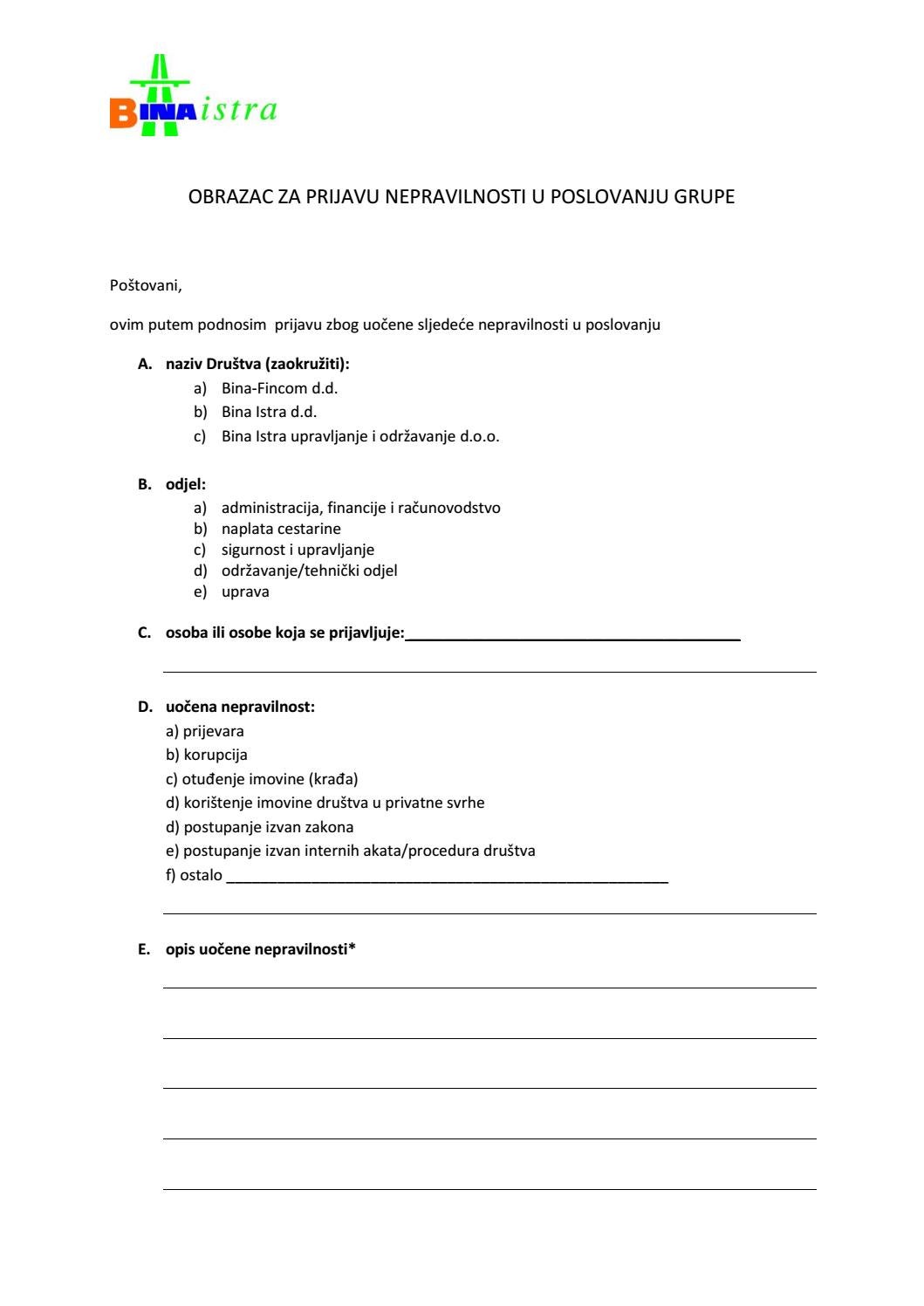 Obrazac za prijavu nepravilnosti by bina-istra - Issuu