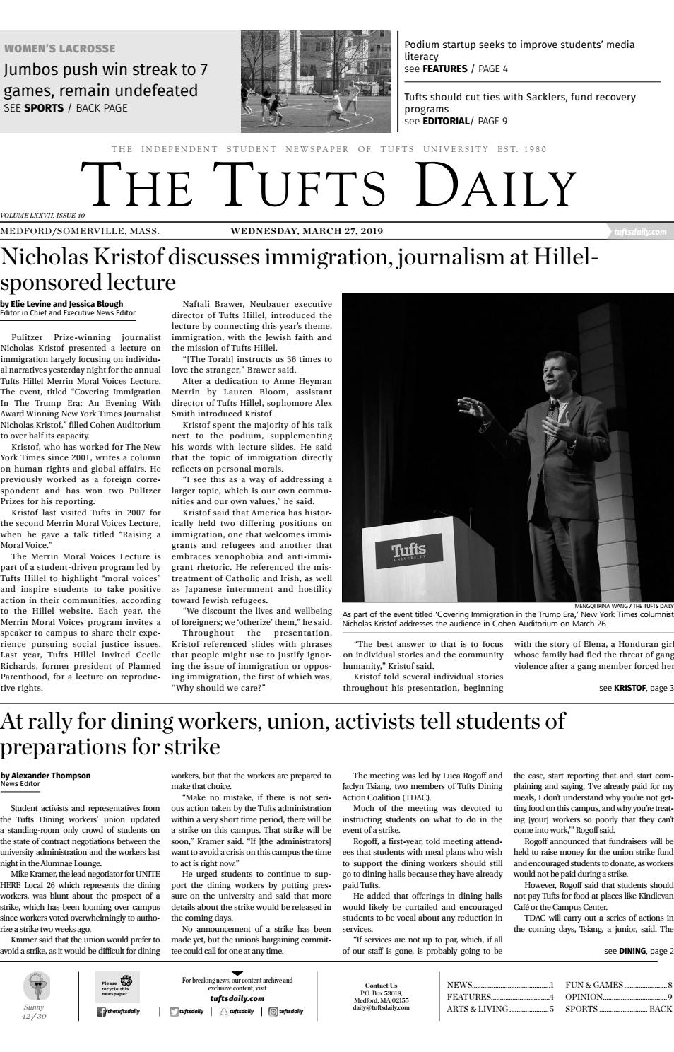 The Tufts Daily - Wednesday, March 27, 2019 by The Tufts Daily - Issuu