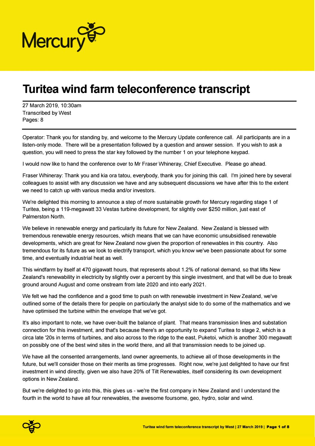 Turitea wind farm teleconference transcript by Mercury - Issuu