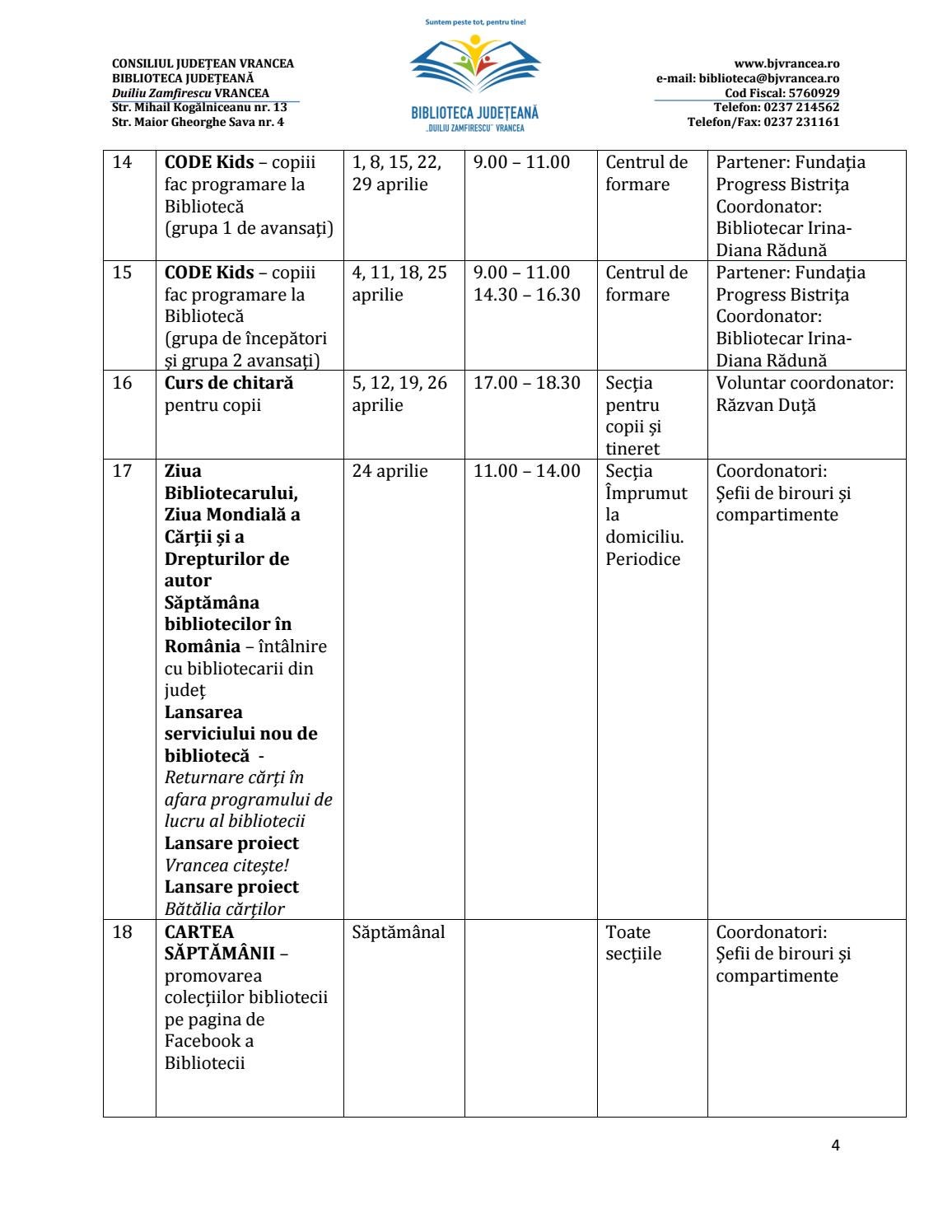 Plan activitati Biblioteca - Aprilie 2019 by Biblioteca Judeteana ...