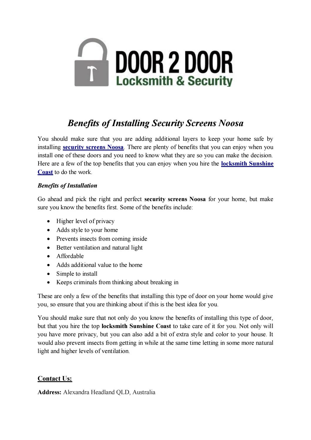 Benefits of Installing Security Screens Noosa by Door 2 Door Locksmith ...