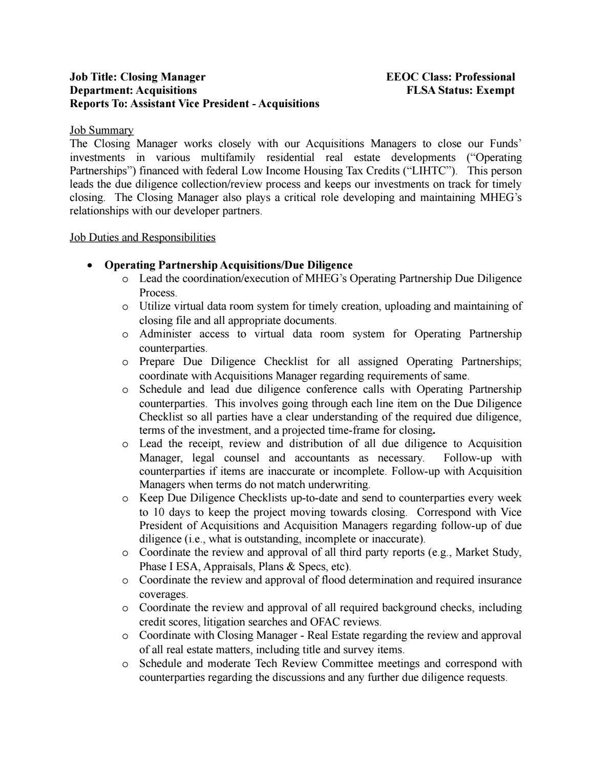 Closing Manager job description by MHEGINC - Issuu