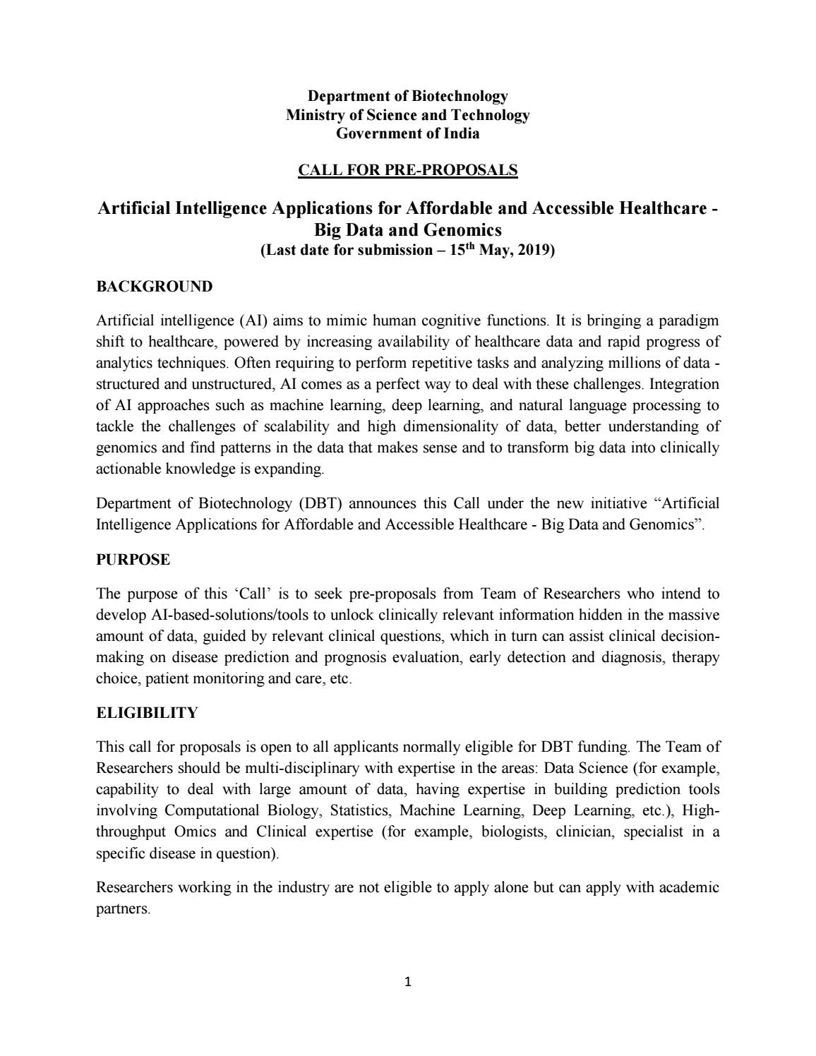 DBT Pre-Proposals Call on Artificial Intelligence, Big Data & Genomics ...