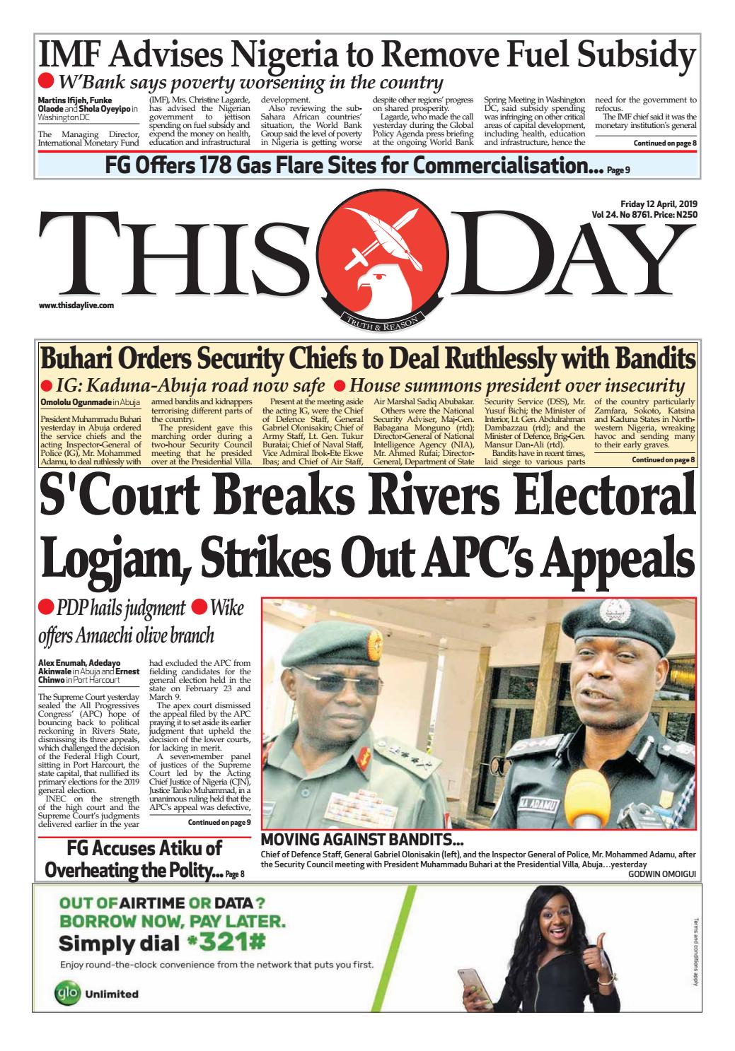 FRIDAY 12TH APRIL 2019 by THISDAY Newspapers Ltd - Issuu
