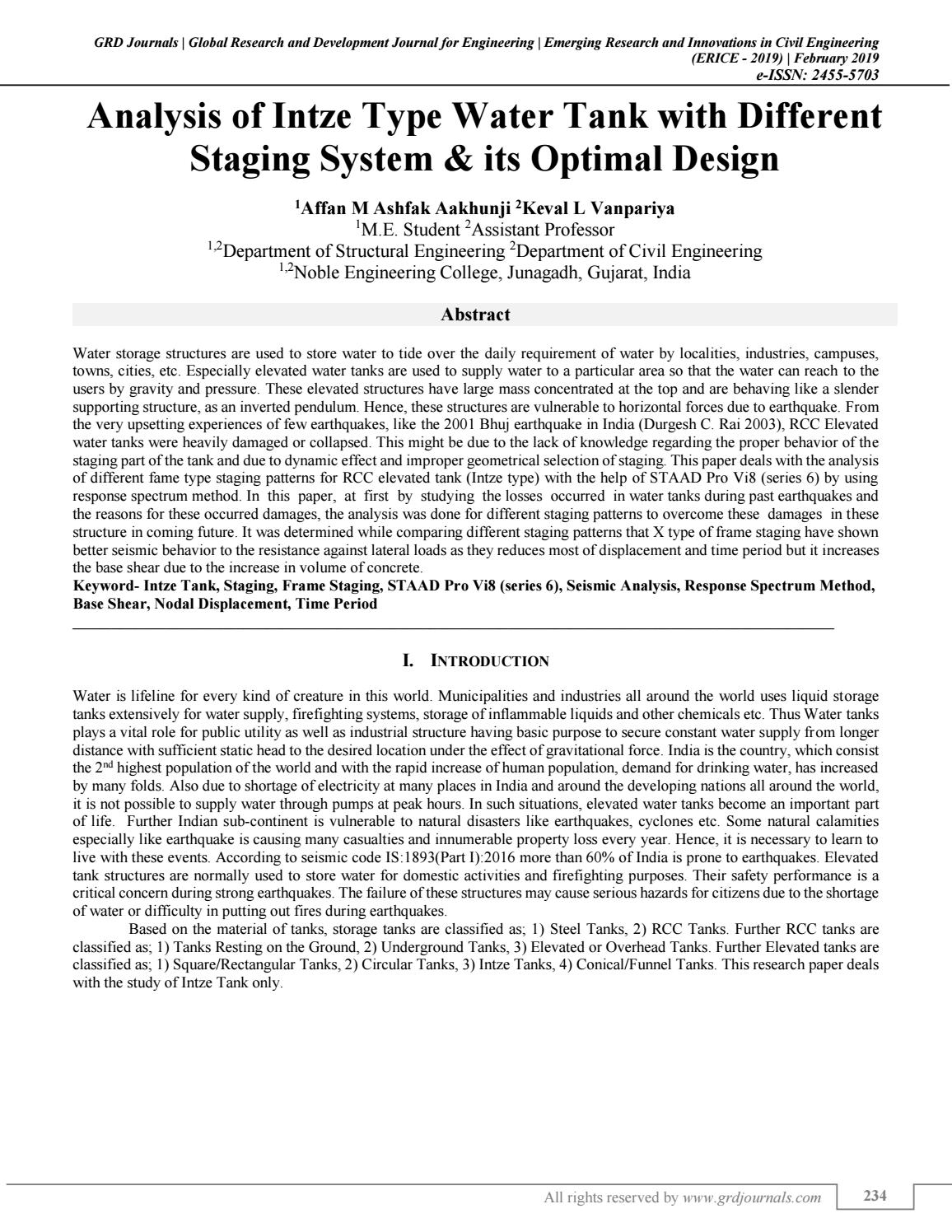 Analysis of Intze type Water Tank with Different Staging System & its ...