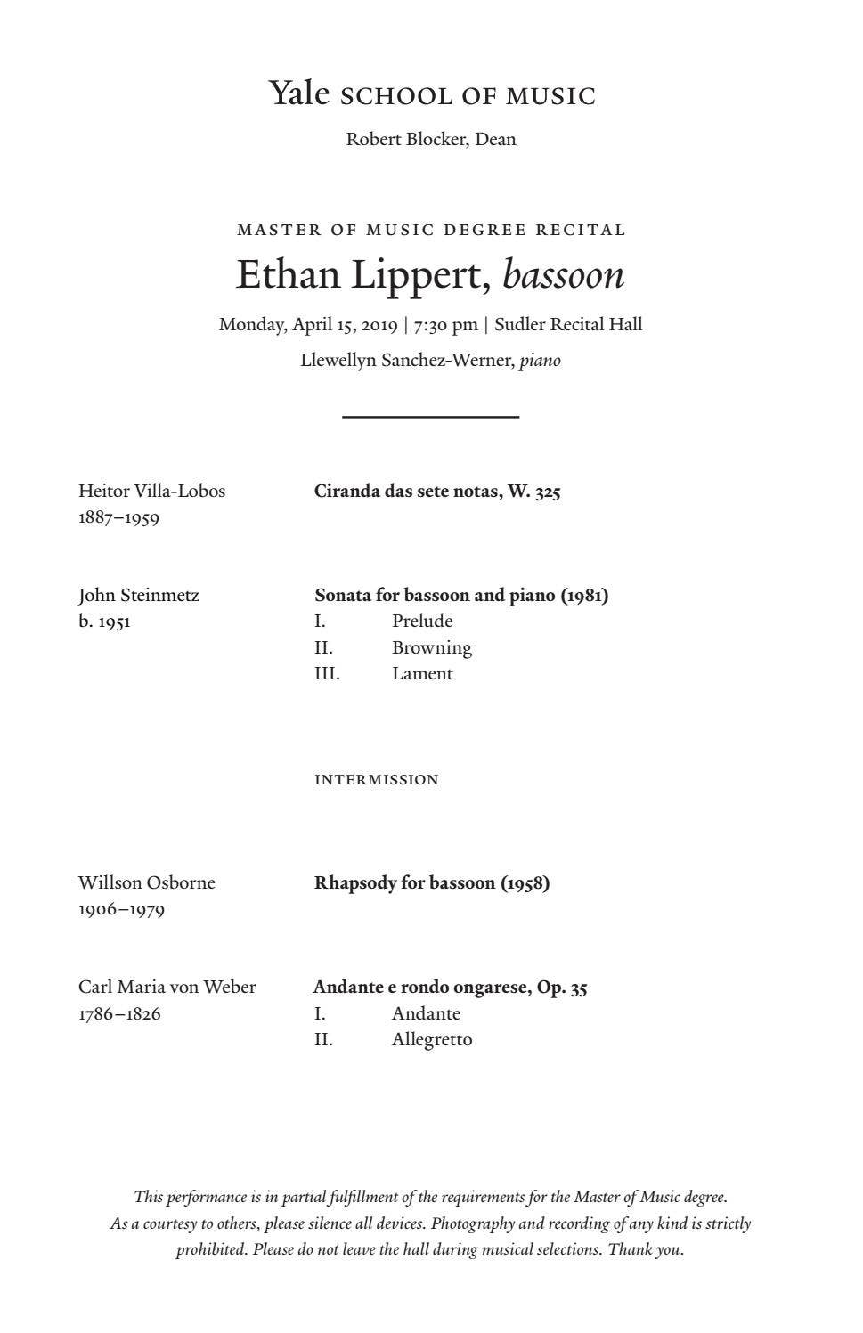 Ethan Lippert, bassoon, April 15, 2019 by Yale School of Music - Issuu
