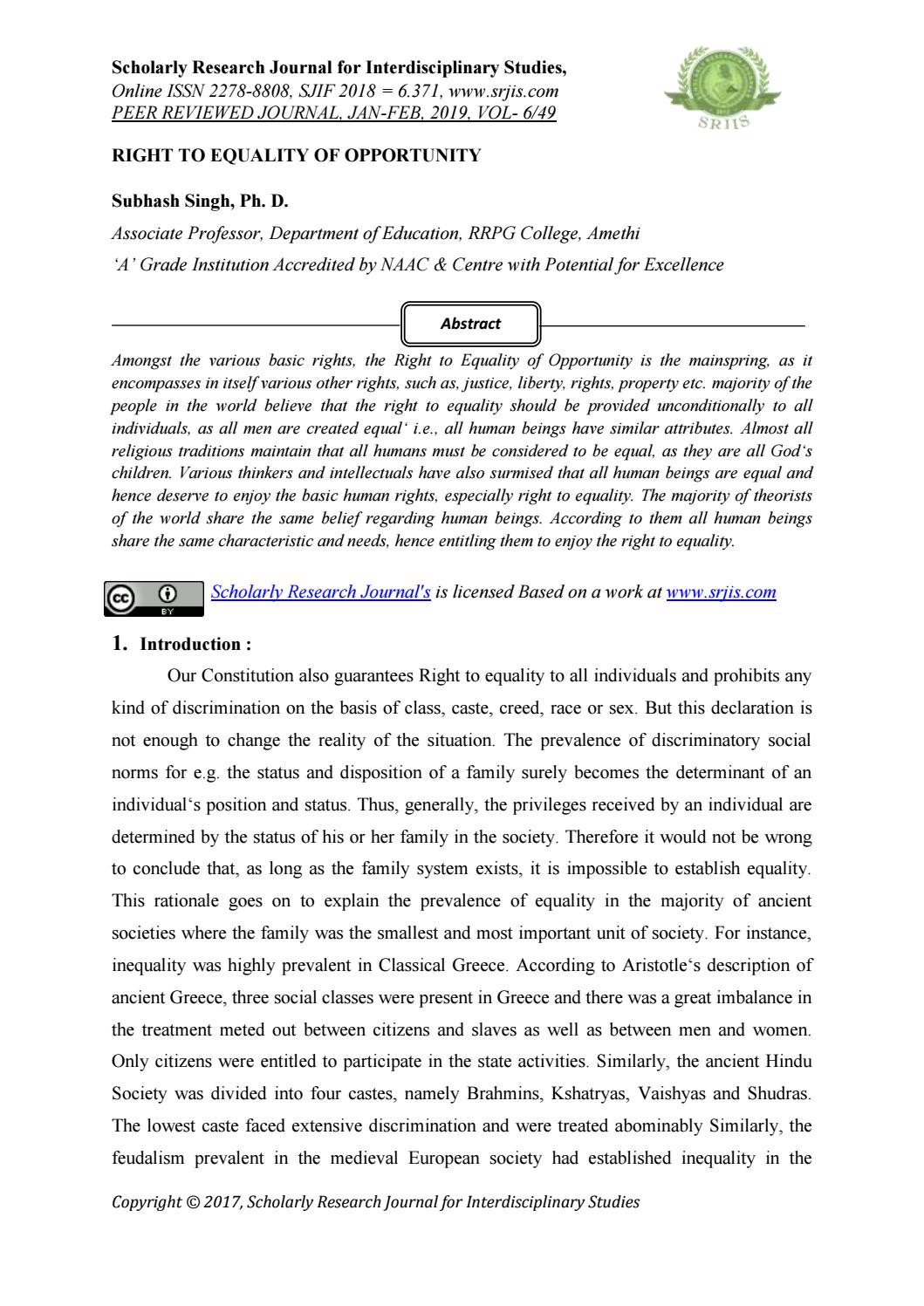 RIGHT TO EQUALITY OF OPPORTUNITY by Scholarly Research Journal"s - Issuu