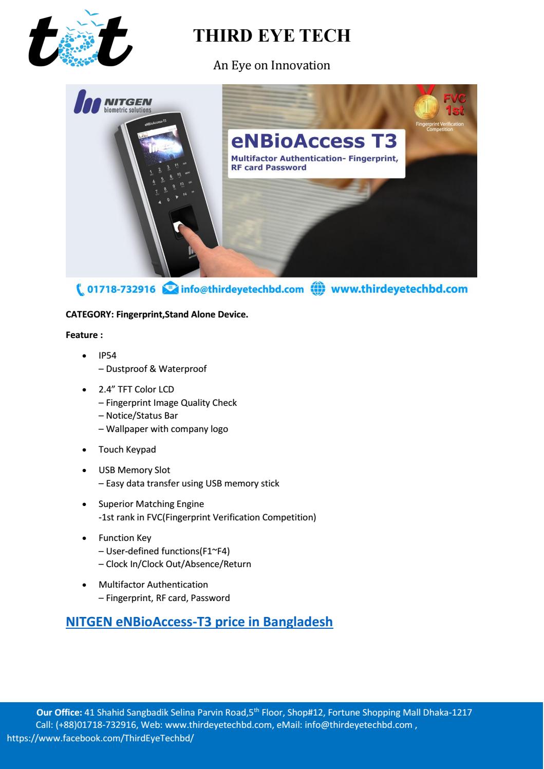 NITGEN eNBioAccess-T3 Fingerprint,Stand Alone Device price in Bangladesh. by Third Eye Tech - Issuu