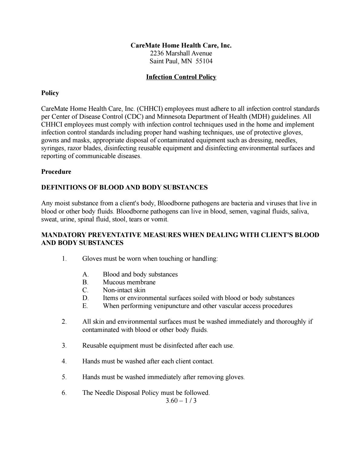 Infection Control Policy 2019 by CareMate Home Health Care Inc. - Issuu