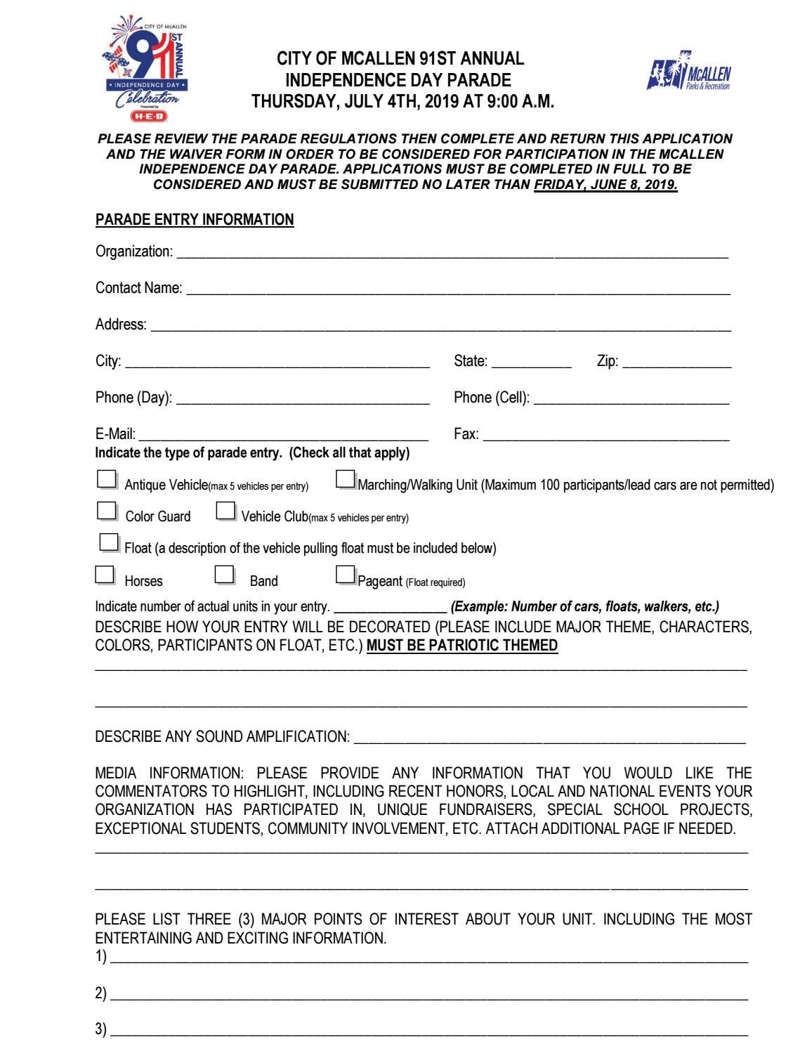 City of McAllen Independence Day Parade Entry Form by McAllen Parks and ...